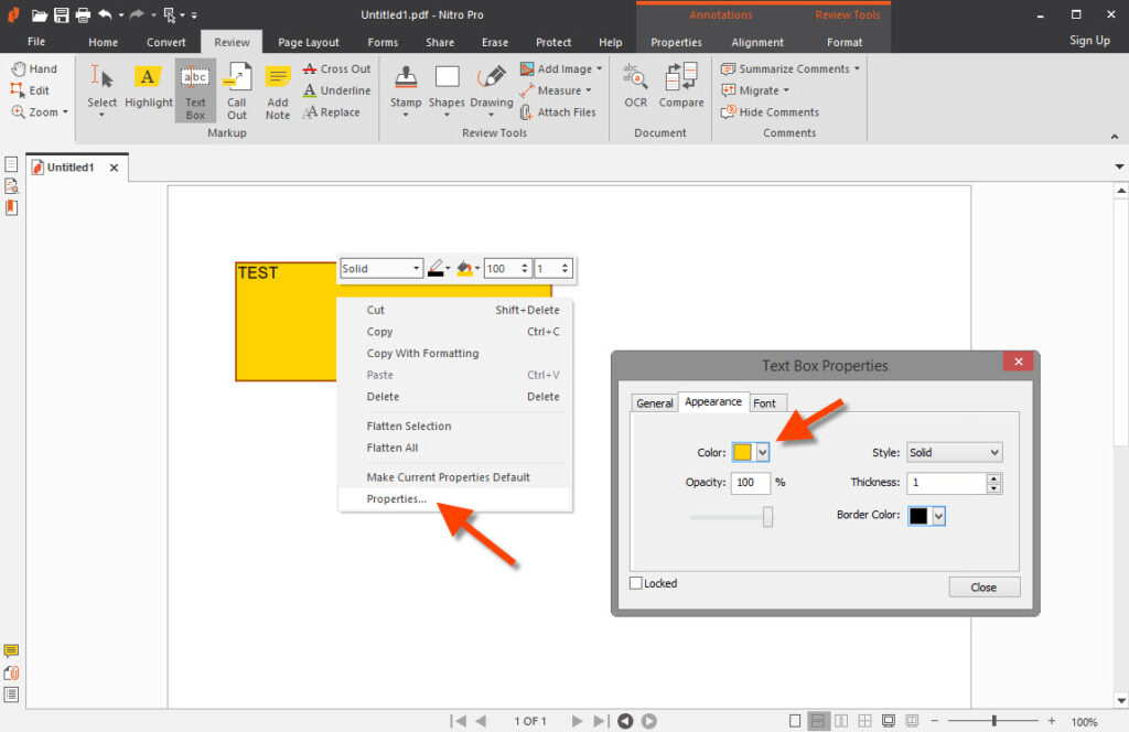 How do you get rid of the yellow box in Nitro PDF?
